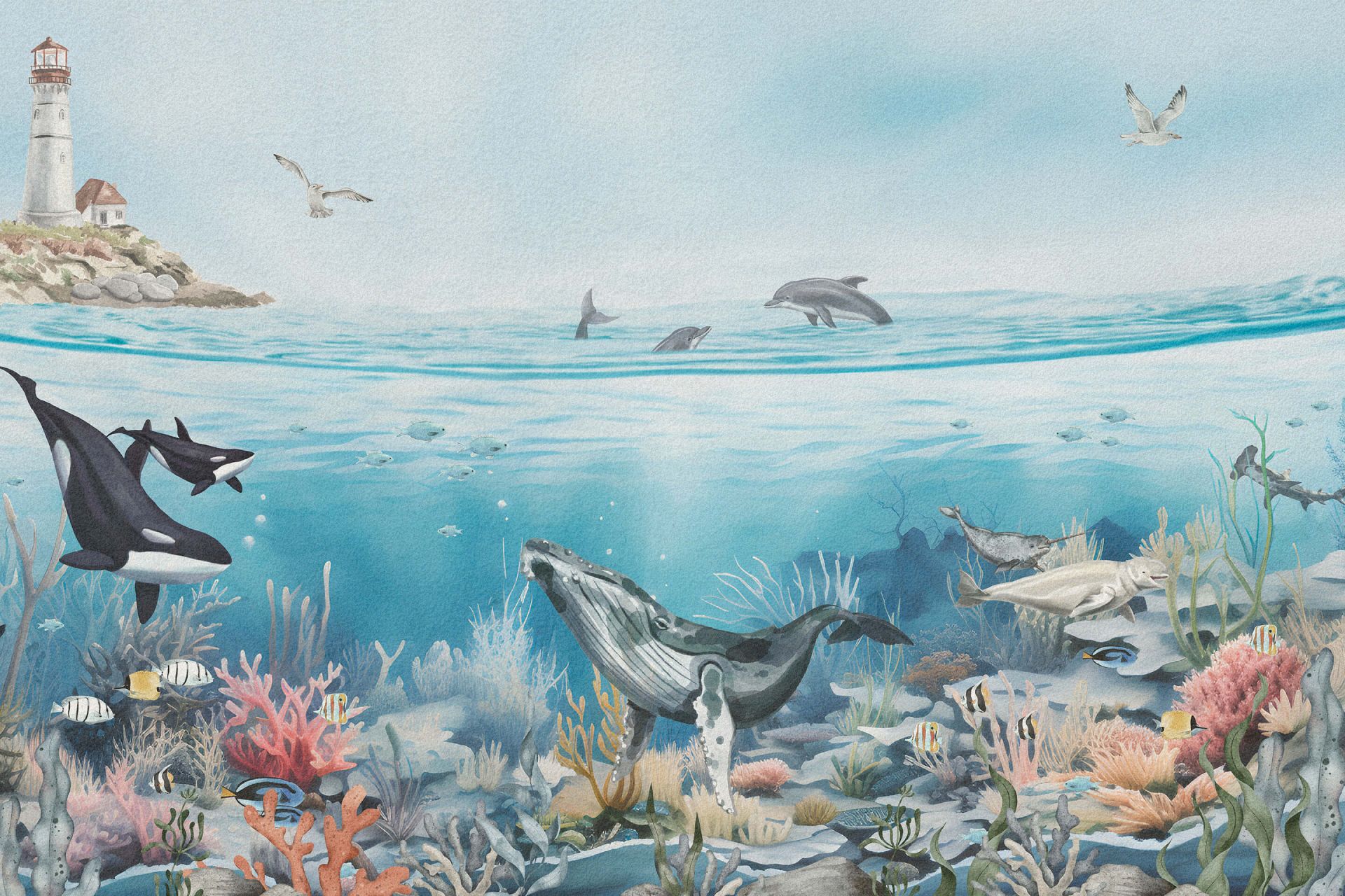 Fotobehang - Oceaan landschap met dieren in kleur - Fotobehang
