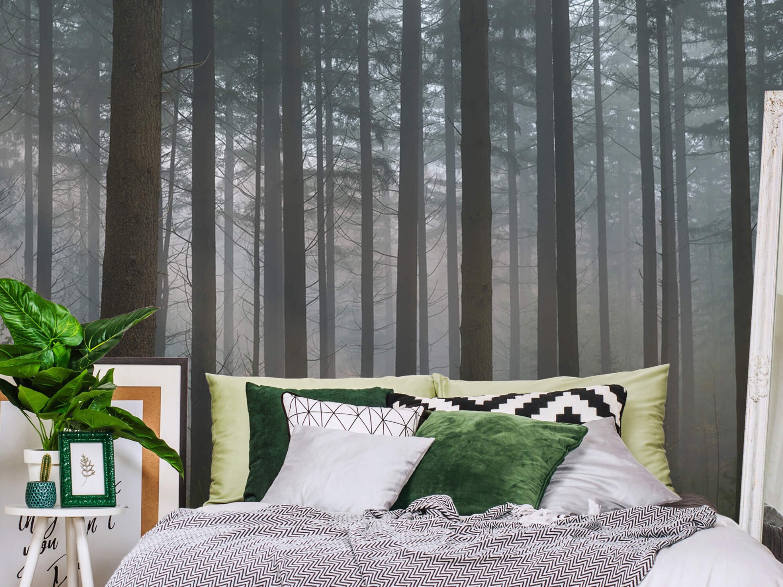 Mistig groen bos - Fotobehang